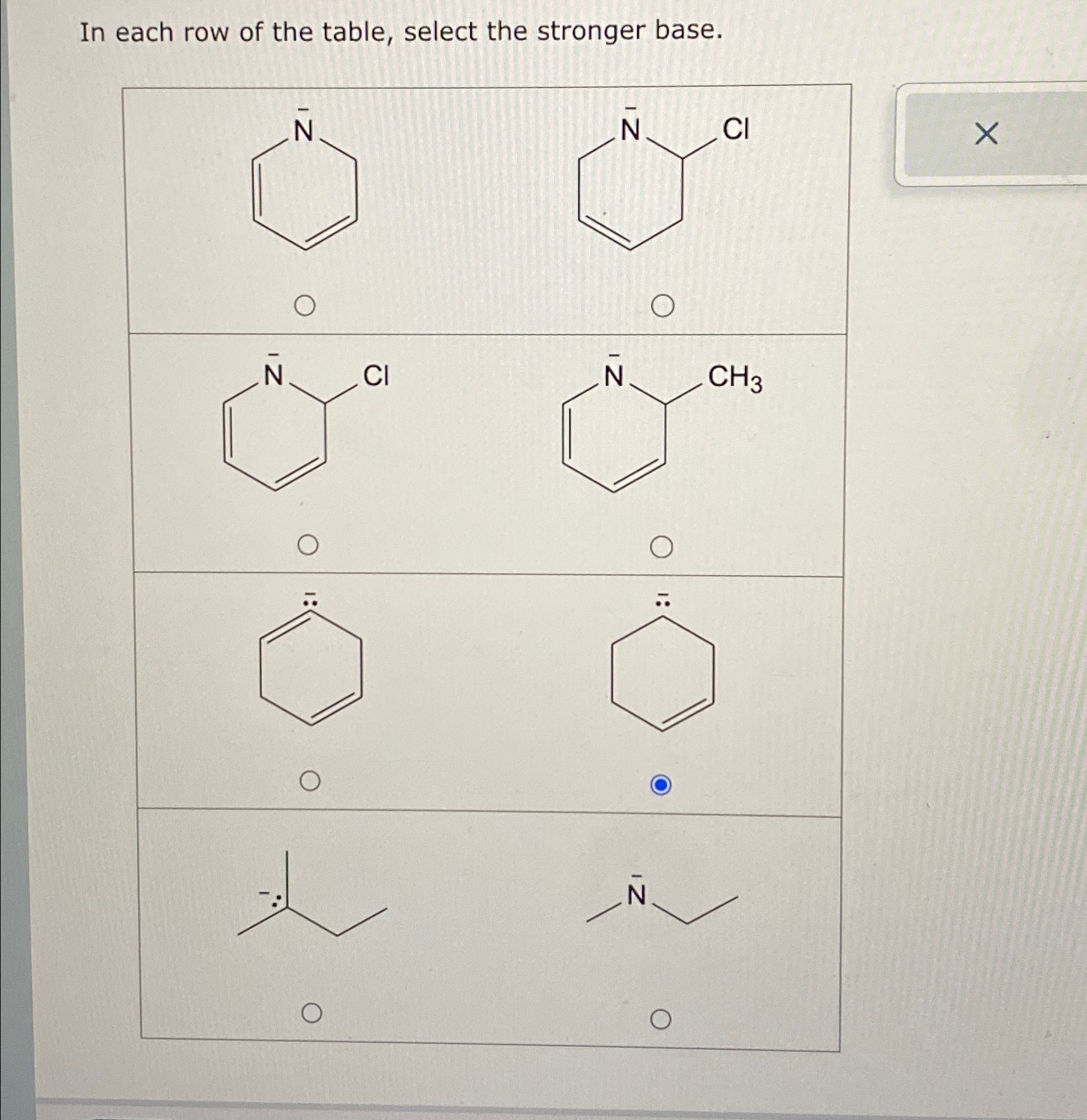 Solved In each row of the table, select the stronger base. | Chegg.com