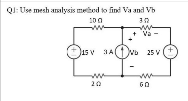 Solved Q1: Use mesh analysis method to find Va and Vb 10 Ω 3 | Chegg.com