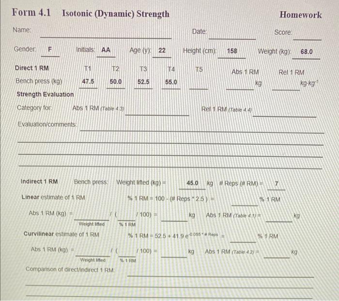 Solved Form 4.1 Isotonic (Dynamic) Strength Name: Gender F | Chegg.com