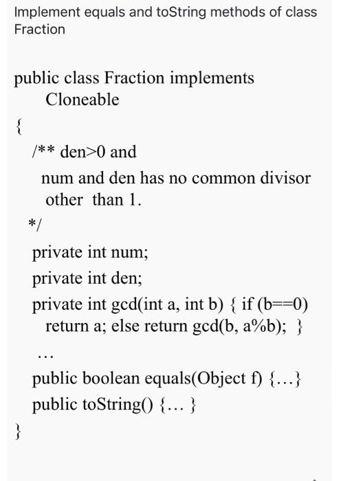 Solved Implement equals and toString methods of class | Chegg.com