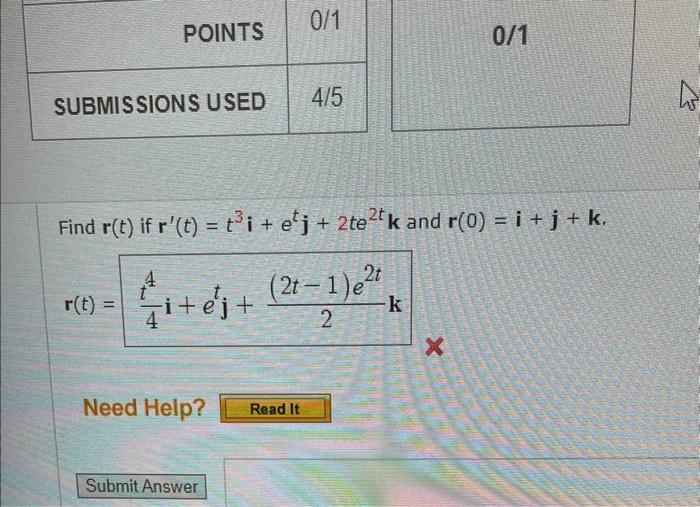 Solved Find r(t) if r′(t)=t3i+etj+2te2tk and r(0)=i+j+k. | Chegg.com
