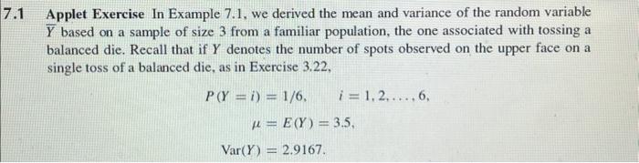 Applet Exercise In Example 7.1, we derived the mean | Chegg.com