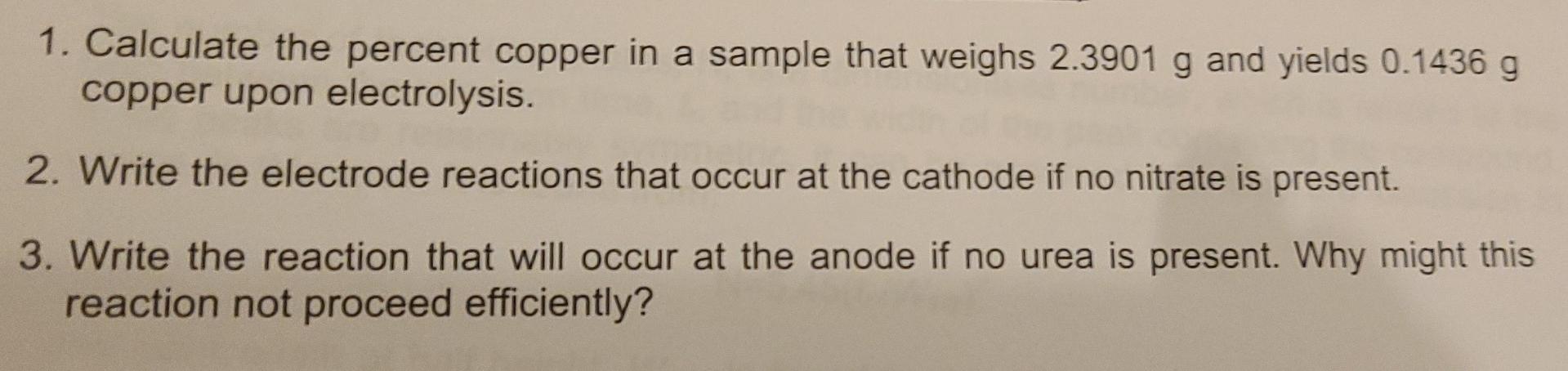 Solved 1. Calculate the percent copper in a sample that | Chegg.com