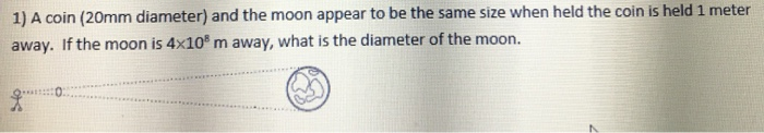 Solved 1) A coin (20mm diameter) and the moon appear to be | Chegg.com