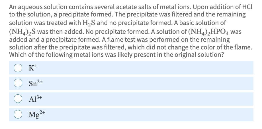 Solved An ﻿aqueous solution contains several acetate salts | Chegg.com