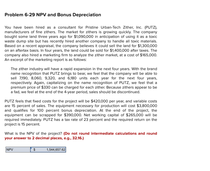 Solved Problem 6-29 ﻿NPV and Bonus Depreciation Problem 6-29 | Chegg.com