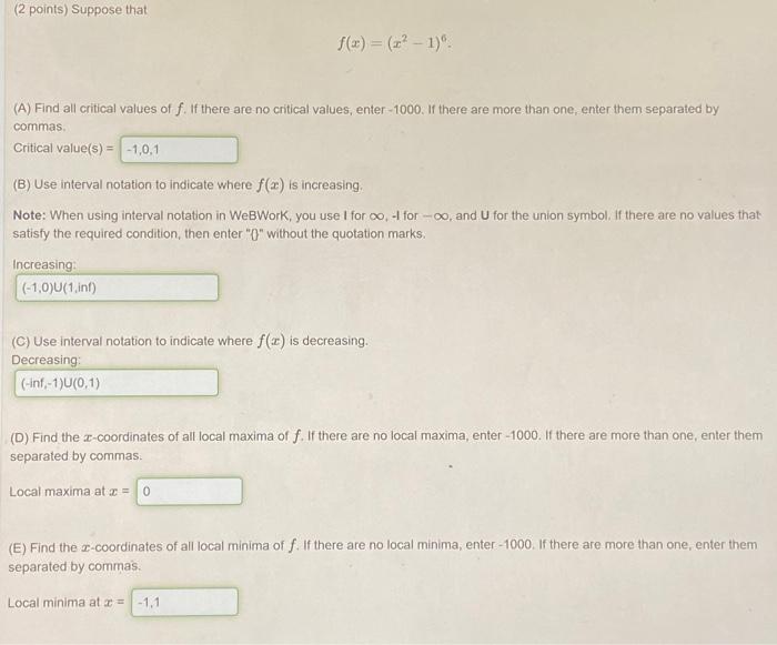 Solved (2 points) Suppose that f(x)=(x2−1)6 (A) Find all | Chegg.com