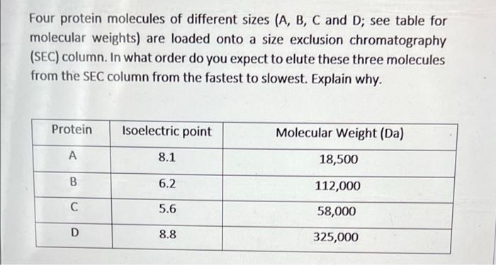 Solved Four protein molecules of different sizes (A, B, C | Chegg.com