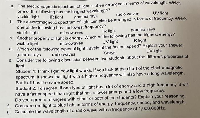 Solved visible light visible light a. The electromagnetic | Chegg.com
