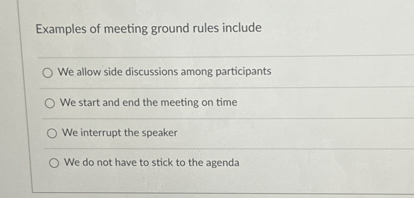 Solved Examples of meeting ground rules includeWe allow side | Chegg.com