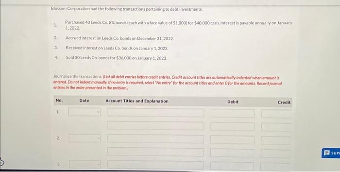 Solved Blossom Corporation had the following transactions | Chegg.com