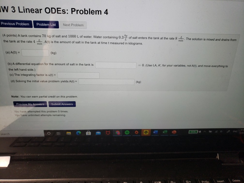 Solved W 3 Linear ODES: Problem 4 Previous Problem Problem | Chegg.com