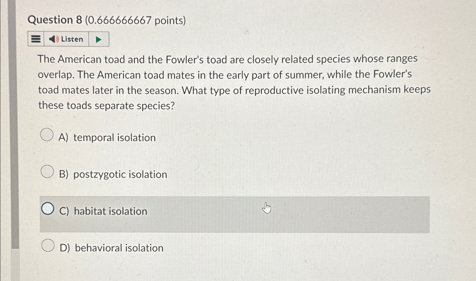 Solved Question 8 ( 0.666666667 ﻿points)The American toad | Chegg.com