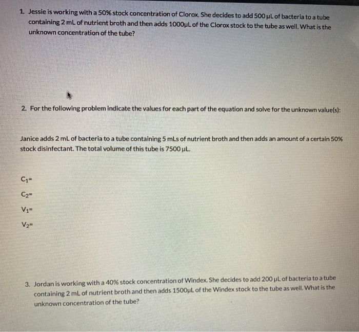 Solved 1. Jessie is working with a 50% stock concentration | Chegg.com