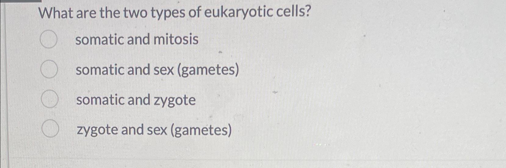 Solved What are the two types of eukaryotic cells?somatic | Chegg.com