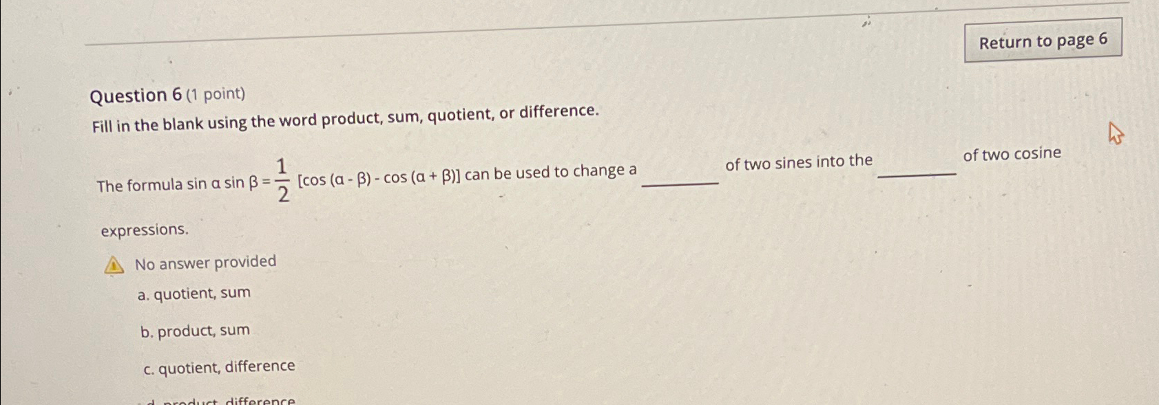 Solved Return to page 6Question 6 (1 ﻿point)Fill in the | Chegg.com