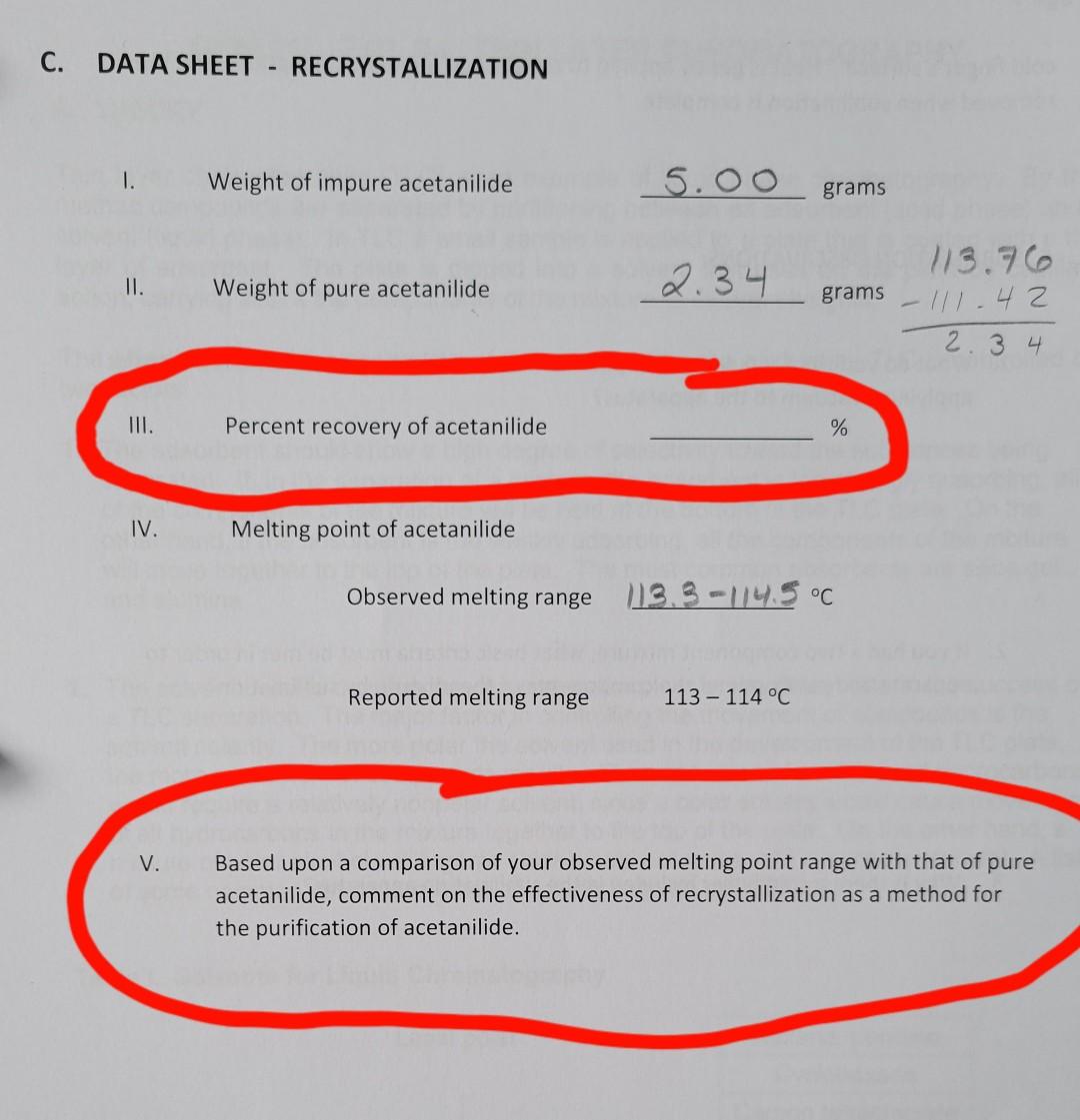 Solved C. DATA SHEET RECRYSTALLIZATION 1. Weight of impure | Chegg.com
