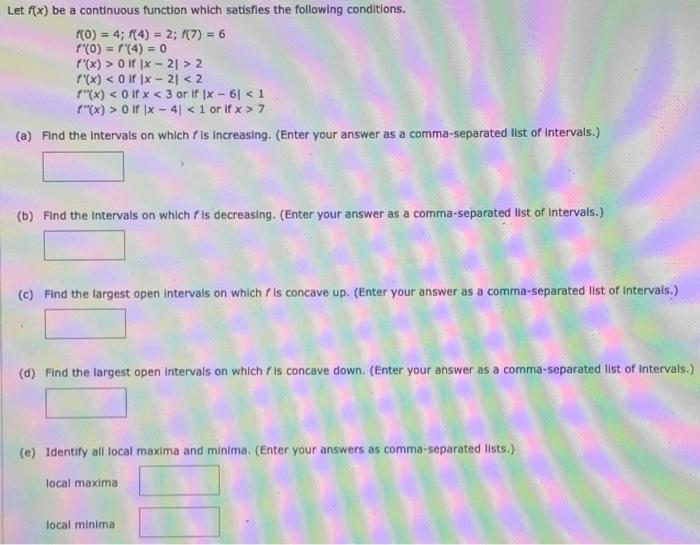 Solved f(0)=4;f(4)=2;f(7)=6f′(0)=f′(4)=0f′(x)>0 if | Chegg.com