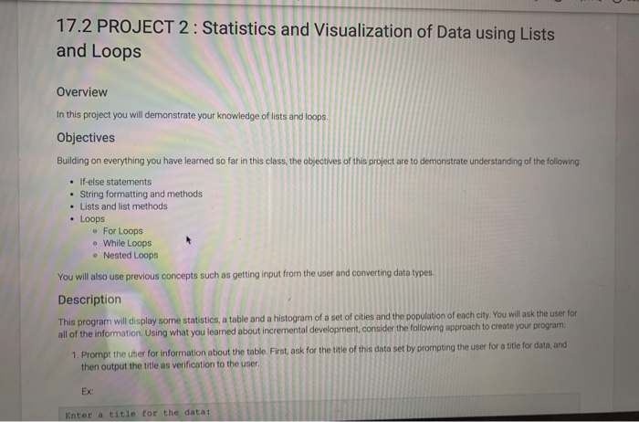 Solved 17.2 PROJECT 2 : Statistics and Visualization of Data | Chegg.com