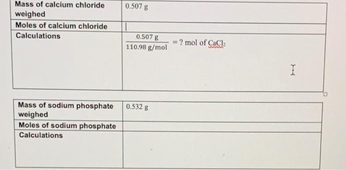 Solved 0.507 g Mass of calcium chloride weighed Moles of | Chegg.com