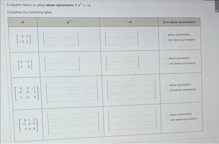 Solved A square matrix is called skew-symmetric if A" --A | Chegg.com