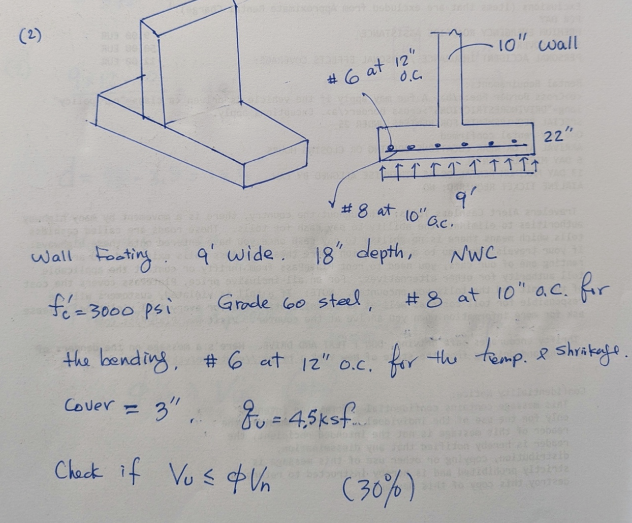 Solved (2)wall footing. 9' ﻿wide. 18'' ﻿depth, NWCfc'=3000 | Chegg.com