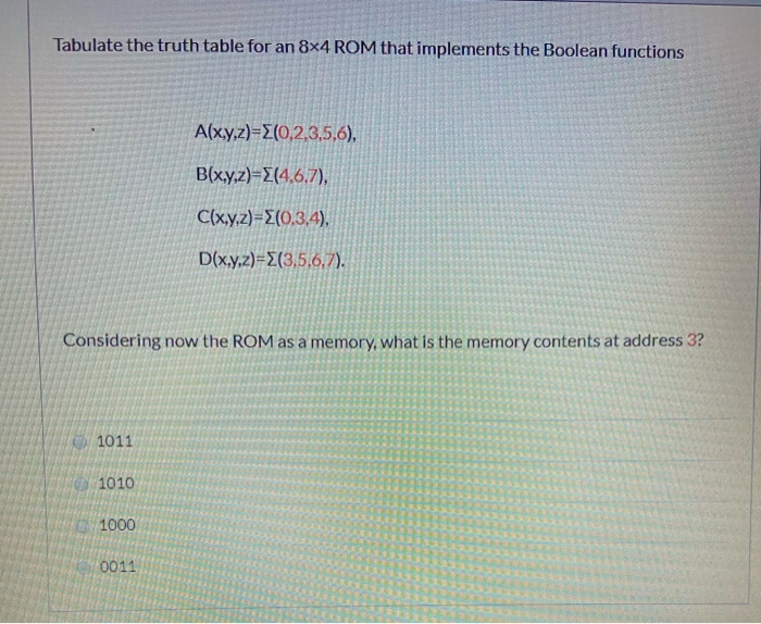 Solved Tabulate the truth table for an 8x4 ROM that | Chegg.com