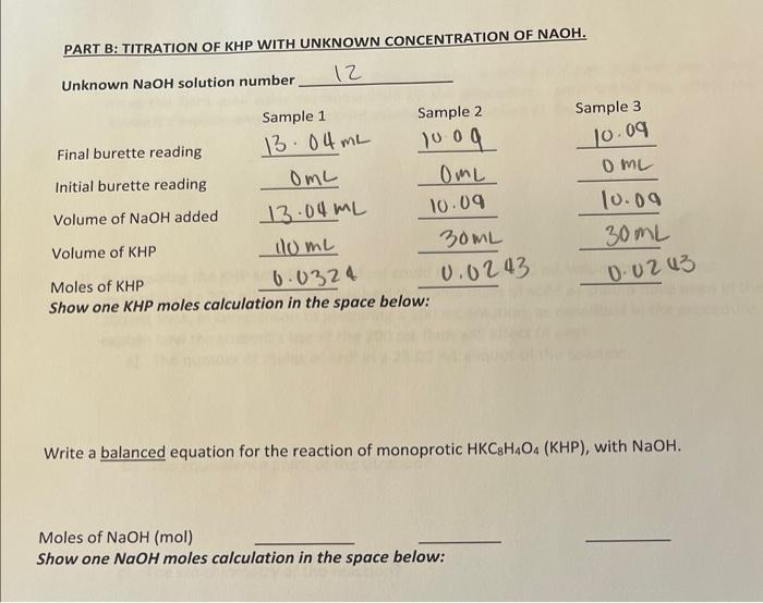 Solved PART B: TITRATION OF KHP WITH UNKNOWN CONCENTRATION | Chegg.com
