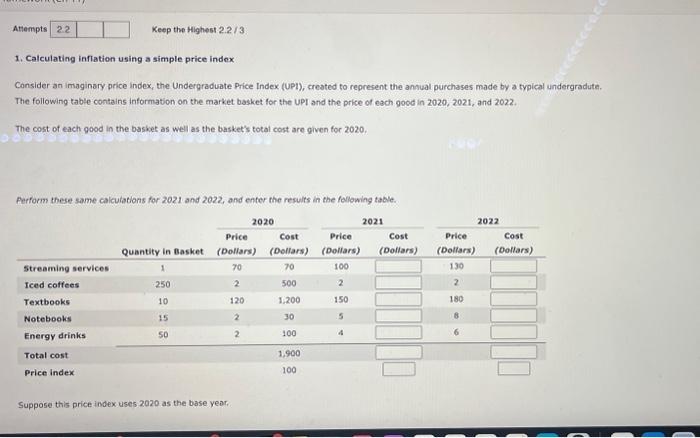 Solved 1. Calculating infiation using a simple price index | Chegg.com