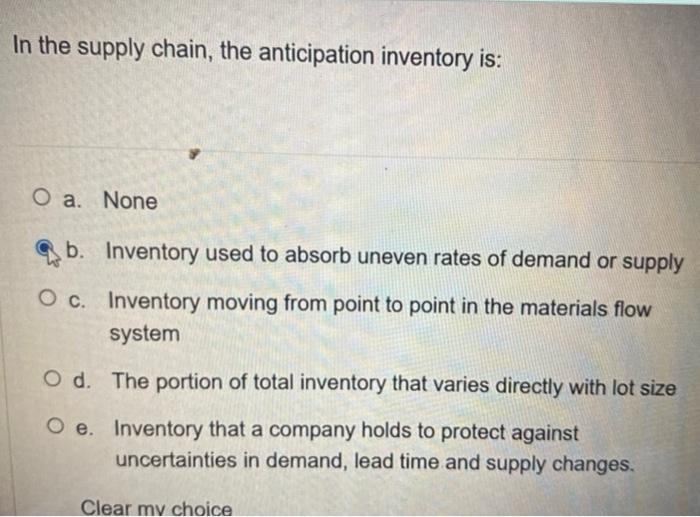 Solved In the supply chain, the anticipation inventory is: | Chegg.com