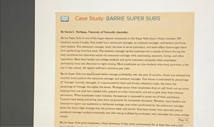 Solved Case Study: BARRIE SUPER SUBS By Steqcn L. MeShane, | Chegg.com