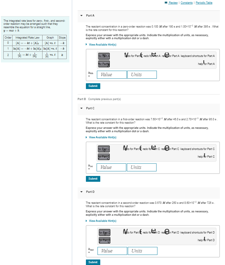 Solved The integrated rate laws for zero-, ﻿first-, ﻿and | Chegg.com