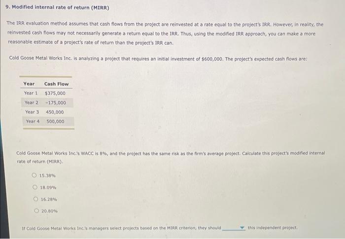 Solved 9. Modified internal rate of return (MIRR) The IRR | Chegg.com