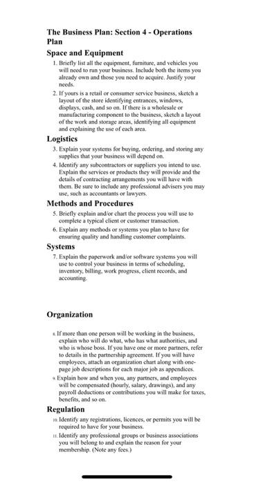 Solved The Business Plan: Section 4 - Operations Plan Space | Chegg.com