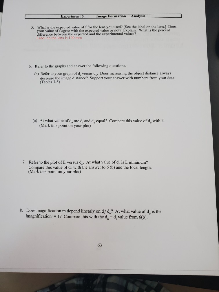 Experiment 5: Focal Length of a Lens Data 1. Sorting | Chegg.com