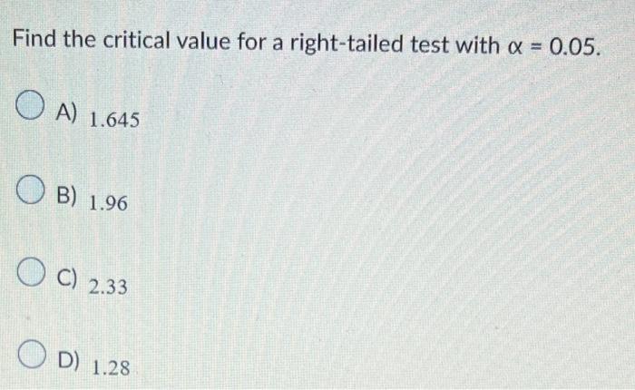 [Solved]: Find the critical value for a right-tailed test w