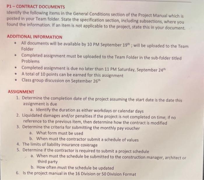Solved P1 - CONTRACT DOCUMENTS Identify the following items | Chegg.com