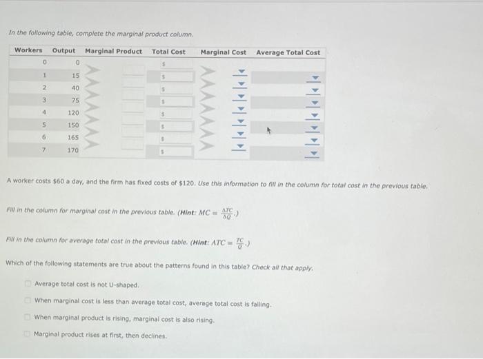 Solved In the following tabie, complete the marginal product | Chegg.com