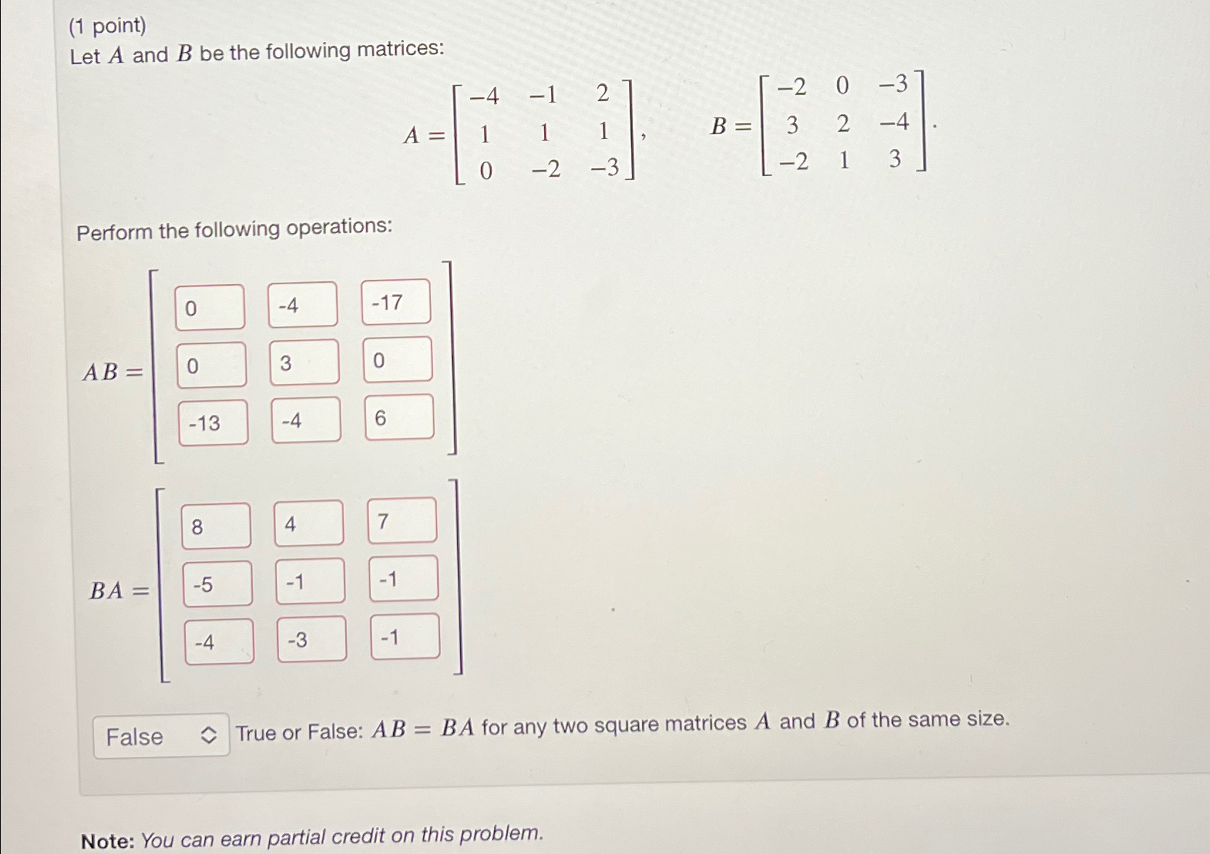 Solved (1 ﻿point)Let A and B ﻿be the following | Chegg.com
