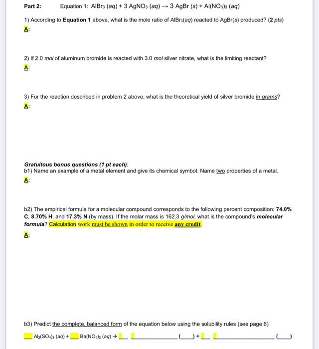 Solved Part 2: Equation 1: | Chegg.com