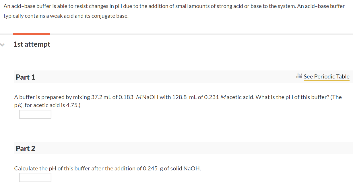 Solved An acid-base buffer is able to resist changes in pH | Chegg.com