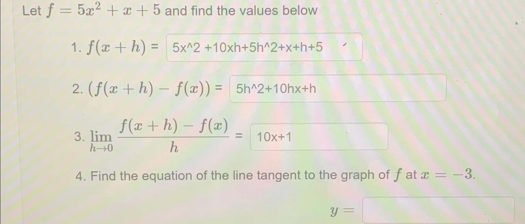 Solved Let f=5x2+x+5 ﻿Find the equation of the line tangent | Chegg.com