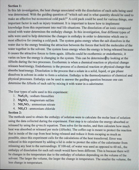 Section 1: In this lab investigation, the heat change | Chegg.com