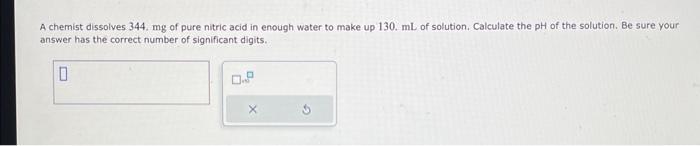 Solved A chemist dissolves 344. mg of pure nitric acid in | Chegg.com