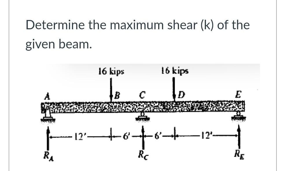 Solved Determine the maximum shear (k) of the given beam. 16 | Chegg.com