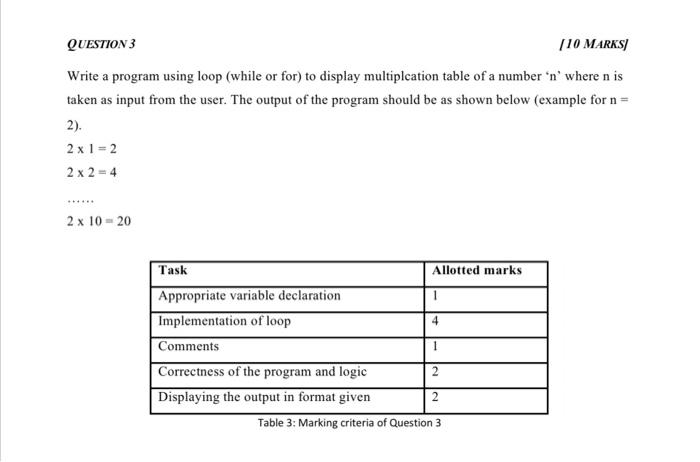 Solved Question 3 10 Marks Write A Program Using Loop 3527