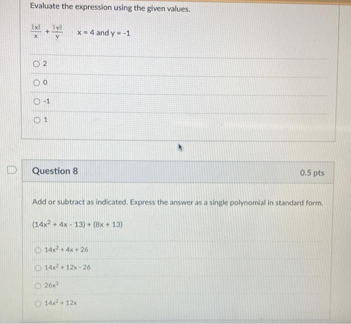 Solved Evaluate the expression using the given values. | Chegg.com