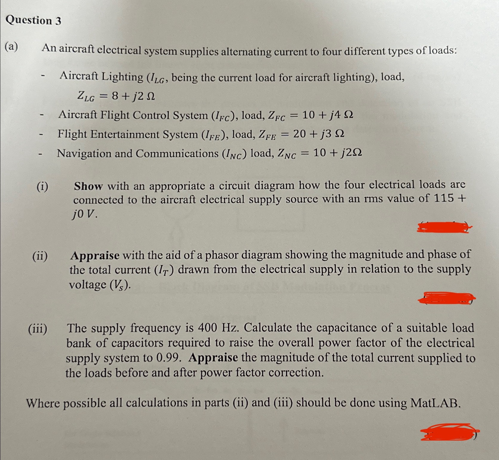Solved Question 3(a) ﻿An aircraft electrical system supplies | Chegg.com