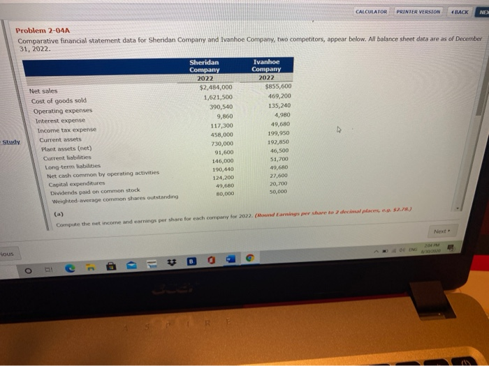 Solved CALCULATOR PRINTER VERSION « BACK NEX Problem 2-04A | Chegg.com