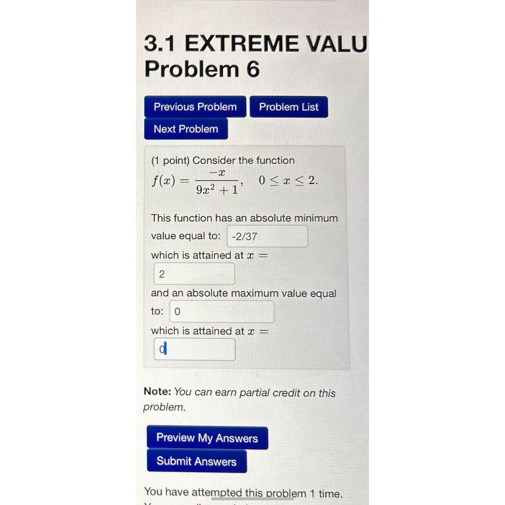 Solved 3.1 ﻿EXTREME VALU Problem 6Next Problem(1 ﻿point) | Chegg.com